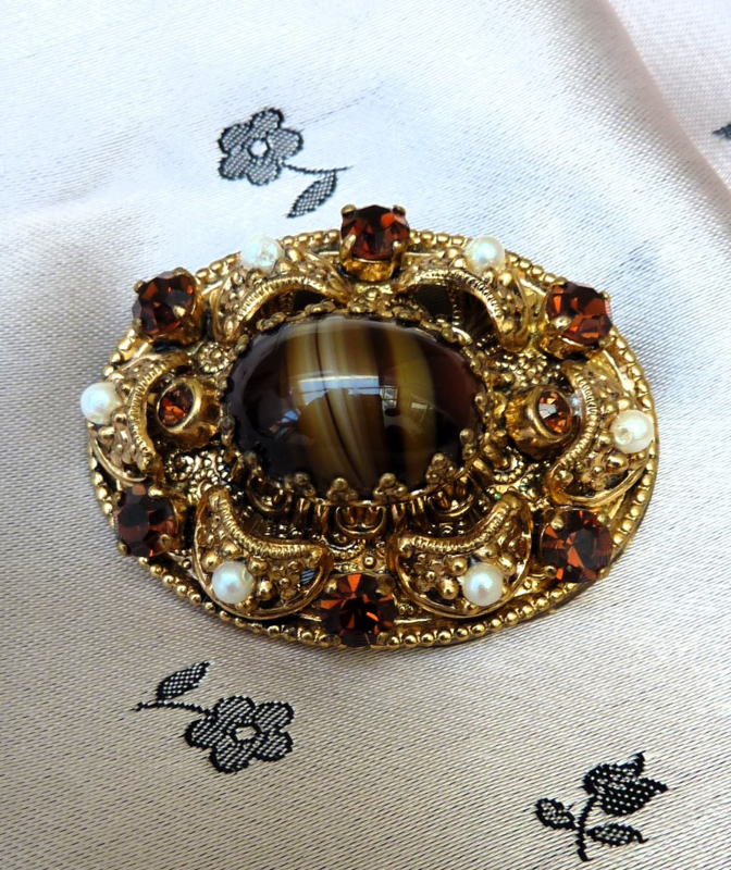 West Germany gold tone filigree tiger eye brooch